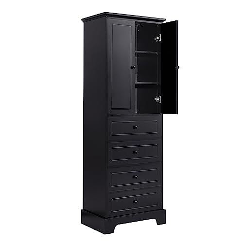 HESIEU Freestanding Storage Cabinet with 2 Doors and 4 Drawers Internal Adjustable Shelves Anti-Tip Fittings Round Metal Handle for Bathroom, Bedroom and Dining Room (Black)