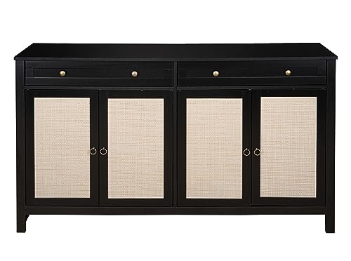 Black Sideboard Buffet Cabinet, Rattan Storage Cabinet Console Table, Buffet Server Bar Cabinet with 4 Doors, 2 Drawers and Adjustable Shelves for Living Room, Bedroom, Hallway, Kitchen, Entryway