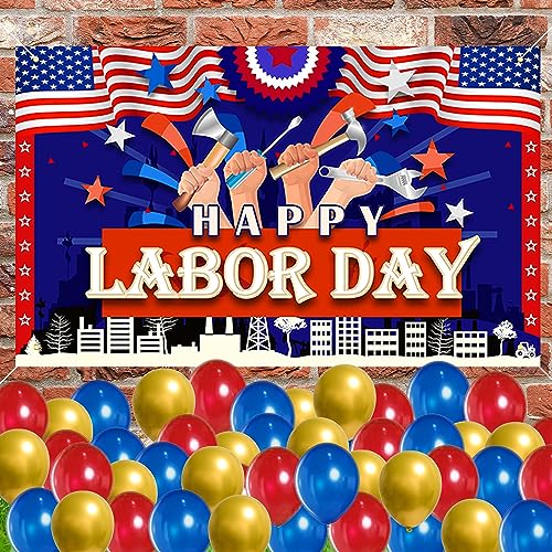 Labor Day Backdrops with 60 pcs Colorful Latex Balloons, Red Happy Labor Day Backdrop Banner Sign Hanging Fabric Photography Background Board Flag Photo Booth Prop Wall （71x44 Inch）-A