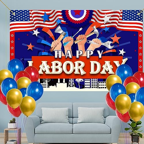 Labor Day Backdrops with 60 pcs Colorful Latex Balloons, Red Happy Labor Day Backdrop Banner Sign Hanging Fabric Photography Background Board Flag Photo Booth Prop Wall （71x44 Inch）-A