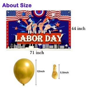 Labor Day Backdrops with 60 pcs Colorful Latex Balloons, Red Happy Labor Day Backdrop Banner Sign Hanging Fabric Photography Background Board Flag Photo Booth Prop Wall （71x44 Inch）-A