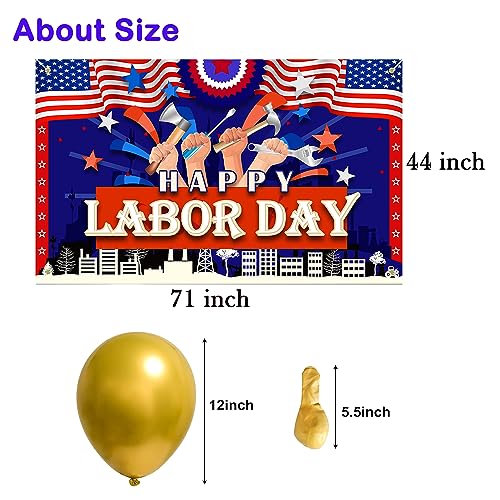 Labor Day Backdrops with 60 pcs Colorful Latex Balloons, Red Happy Labor Day Backdrop Banner Sign Hanging Fabric Photography Background Board Flag Photo Booth Prop Wall （71x44 Inch）-A