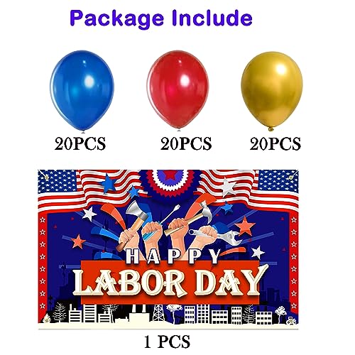 Labor Day Backdrops with 60 pcs Colorful Latex Balloons, Red Happy Labor Day Backdrop Banner Sign Hanging Fabric Photography Background Board Flag Photo Booth Prop Wall （71x44 Inch）-A