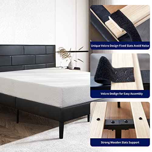 subrtex Bed Frame Twin Size with Headboard,Upholstered Faux Leather Mattress Foundation Platform with Solid Wood Slat Support,No Box Spring Needed,Noise-Free,and Easy Assembly Black