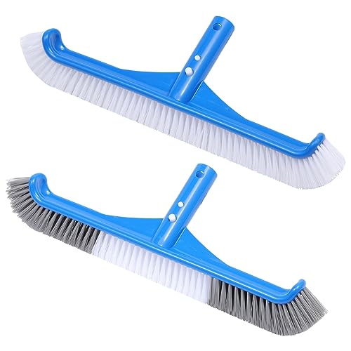 2 Pack Pool Brush, 16.5" Pool Brushes for Pool Wall Cleaning, Premium Nylon Bristles Pool Brush Head with Easy Clip, Curved Ends High-Efficiency Pool Scrub Brush (White, Gray & White)