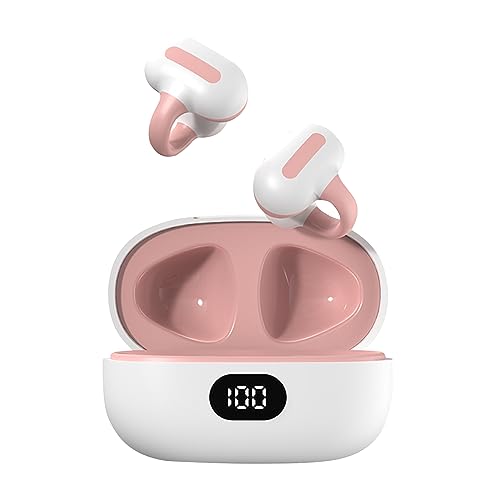 KSIEE Wireless Ear Clip Bone Conduction Headphones Bluetooth 5.3, IPX5 Waterproof Stereo Headphones, Clip-on Ear Noise Cancelling Earbuds for Running Cycling Workout Long Battery Life (Pink)