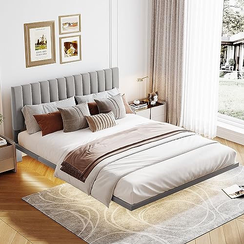 Merax Queen Size Upholstered Floating Velvet Platform Bed Frame with Sensor Light and Headboard for Teens Adults,Gray