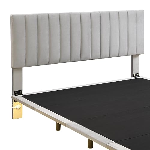 Merax Queen Size Upholstered Floating Velvet Platform Bed Frame with Sensor Light and Headboard for Teens Adults,Gray