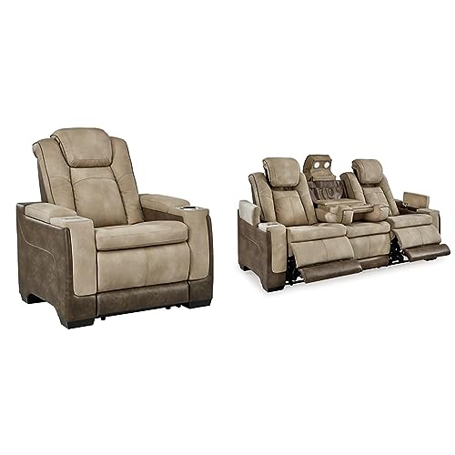 Signature Design by Ashley Next-Gen DuraPella Power Recliner with Adjustable Headrest, Sand & Next-Gen DuraPella Power Reclining Sofa with Adjustable Headrest, Sand