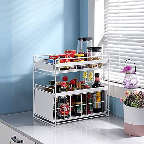 YUEGOO Kitchen Sinks Solid Under Sink Storage 2 Tier Drawer Organizer, Under Sink Storage Rack with Sliding Basket Drawer, Pull Out Drawers Under Sink, for Kitchen Bathroom under/White/40 * 28 * 40cm