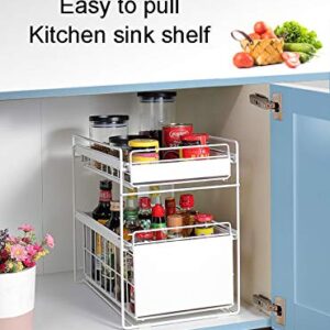 YUEGOO Kitchen Sinks Solid Under Sink Storage 2 Tier Drawer Organizer, Under Sink Storage Rack with Sliding Basket Drawer, Pull Out Drawers Under Sink, for Kitchen Bathroom under/White/40 * 28 * 40cm