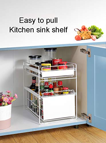 YUEGOO Kitchen Sinks Solid Under Sink Storage 2 Tier Drawer Organizer, Under Sink Storage Rack with Sliding Basket Drawer, Pull Out Drawers Under Sink, for Kitchen Bathroom under/White/40 * 28 * 40cm