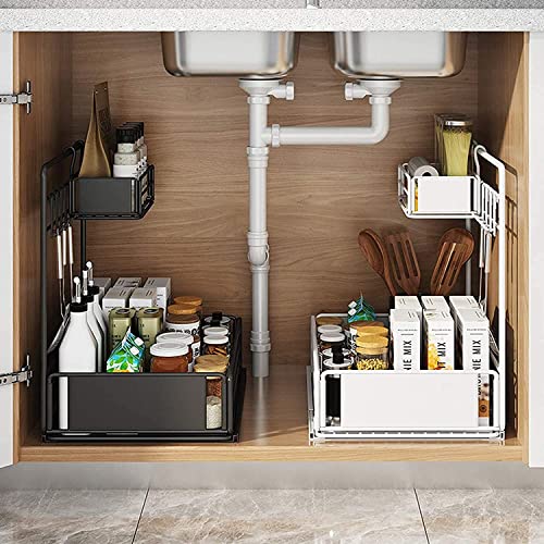 YUEGOO Kitchen Sinks Solid Under Sink Storage Kitchen Shelf,Multifunctional Storage Shelf,Removable Drawer Shelf,for Kitchen,Bathroom,Under Sink Rack Shelf/White+black/41 * 23.5 * 43cm