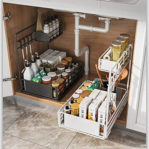 YUEGOO Kitchen Sinks Solid Under Sink Storage Kitchen Shelf,Multifunctional Storage Shelf,Removable Drawer Shelf,for Kitchen,Bathroom,Under Sink Rack Shelf/White+black/41 * 23.5 * 43cm