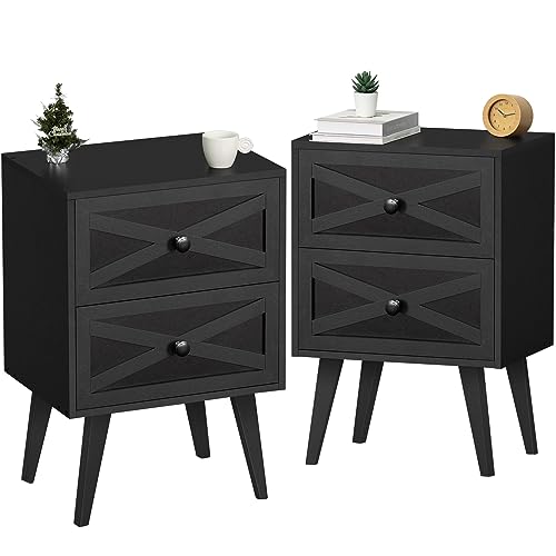 Lerliuo Black Nightstand Set of 2, Bed Side Table with 2 Drawers Barn Door, Solid Wooden Legs Night Stand, Mid Century Modern End Table Storage Wood Cabinet Dresser for Bedroom, Dorm