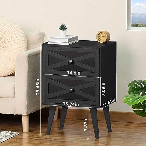 Lerliuo Black Nightstand Set of 2, Bed Side Table with 2 Drawers Barn Door, Solid Wooden Legs Night Stand, Mid Century Modern End Table Storage Wood Cabinet Dresser for Bedroom, Dorm