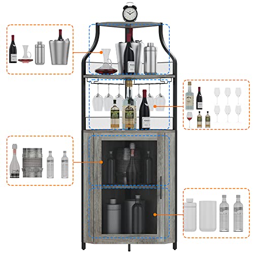 GAOMON Corner Wine Bar Rack Cabinet with Detachable Wine Rack, Bar Cabinet with Glass Holder, Small Sideboard and Buffet Cabinet with Mesh Door (Grey)