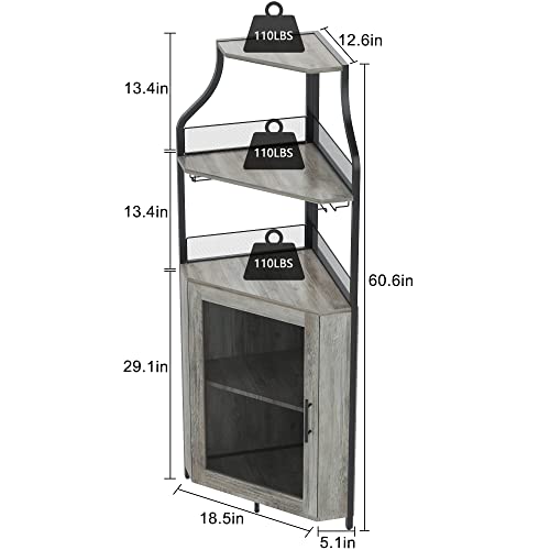 GAOMON Corner Wine Bar Rack Cabinet with Detachable Wine Rack, Bar Cabinet with Glass Holder, Small Sideboard and Buffet Cabinet with Mesh Door (Grey)