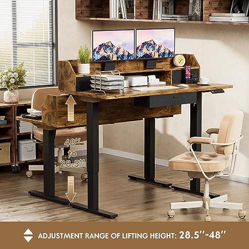 Homall Electric Standing Desk with Triple Drawers, Adjustable Height Stand Up Desk, 55 x 24 Inch Table with Storage Shelf, Sit Stand Home Office Desk with Splice Board (Rustic Brown)