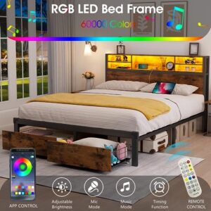 Alohappy Full Size Bed Frame with Storage Headboard and Drawers, Metal Platform Bed Frame RGB Led Lights and with Charging Station, No Nosie No Box Spring Needed (Full)