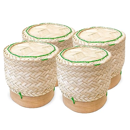 PANWA Mini Bamboo Sticky Rice Serving Basket- Handmade 100% Eco-Friendly Thai Mini Wickerwork Kratips- 4 piece set- Food Safe (Green)