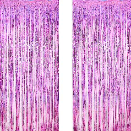 Miliocry 2 Pack 3.3 x 8 ft Pink Foil Fringe Curtains, Metallic Tinsel Curtain Backdrop for Parties, Door Wall Streamers, Glitter Streamer for Birthday, Photo Booth Props, Christmas Party Decor