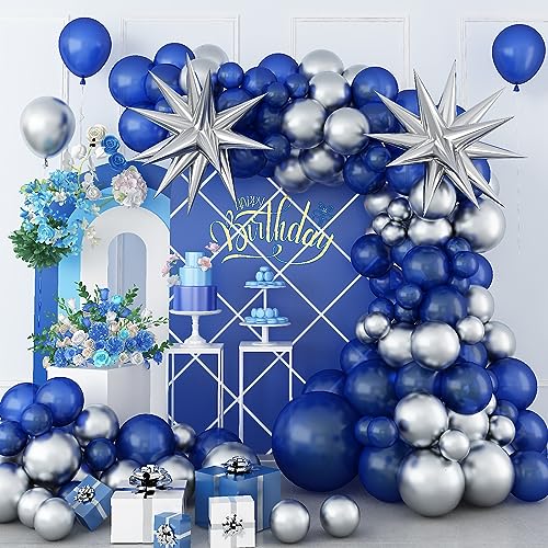 Royal Blue and Silver Balloon Garland Kit, 108pcs Blue and Silver Balloons,Navy Blue and Silver Balloons with Royal Blue and Silver Balloon for Birthday Party, Weddings, Baby Shower, Anniversaries