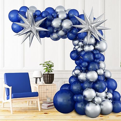 Royal Blue and Silver Balloon Garland Kit, 108pcs Blue and Silver Balloons,Navy Blue and Silver Balloons with Royal Blue and Silver Balloon for Birthday Party, Weddings, Baby Shower, Anniversaries