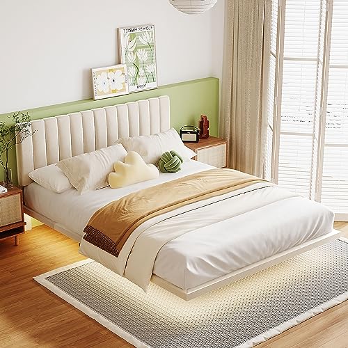 Prohon Upholstered Platform Bed Floating Bedframe with Sensor Light & Tufted Headboard, Queen Bed Frame No Box Spring Needed, Velvet Bed Frames Queen Size for Kids, Teen & Adults, Beige