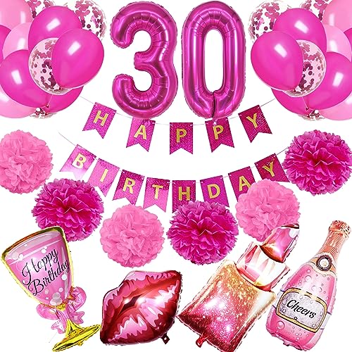 Crenics Rose Pink 30th Birthday Decorations for Women - Happy Birthday Banner, Paper Pom Poms, 30 Number Balloon, Lipstick Champagne Balloons and 24 Latex Balloons for Women 30 Birthday Party Supplies