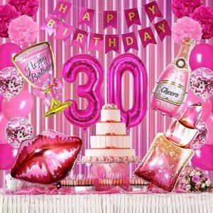 Crenics Rose Pink 30th Birthday Decorations for Women - Happy Birthday Banner, Paper Pom Poms, 30 Number Balloon, Lipstick Champagne Balloons and 24 Latex Balloons for Women 30 Birthday Party Supplies