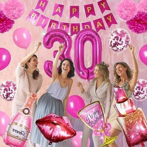 Crenics Rose Pink 30th Birthday Decorations for Women - Happy Birthday Banner, Paper Pom Poms, 30 Number Balloon, Lipstick Champagne Balloons and 24 Latex Balloons for Women 30 Birthday Party Supplies