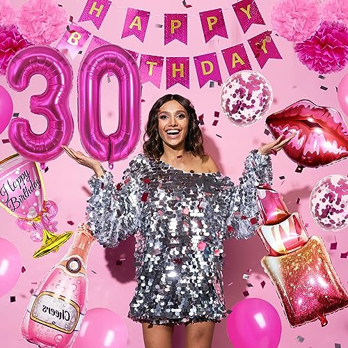 Crenics Rose Pink 30th Birthday Decorations for Women - Happy Birthday Banner, Paper Pom Poms, 30 Number Balloon, Lipstick Champagne Balloons and 24 Latex Balloons for Women 30 Birthday Party Supplies