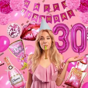 Crenics Rose Pink 30th Birthday Decorations for Women - Happy Birthday Banner, Paper Pom Poms, 30 Number Balloon, Lipstick Champagne Balloons and 24 Latex Balloons for Women 30 Birthday Party Supplies