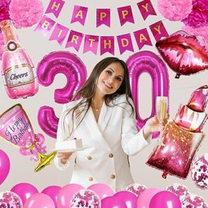 Crenics Rose Pink 30th Birthday Decorations for Women - Happy Birthday Banner, Paper Pom Poms, 30 Number Balloon, Lipstick Champagne Balloons and 24 Latex Balloons for Women 30 Birthday Party Supplies