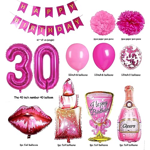 Crenics Rose Pink 30th Birthday Decorations for Women - Happy Birthday Banner, Paper Pom Poms, 30 Number Balloon, Lipstick Champagne Balloons and 24 Latex Balloons for Women 30 Birthday Party Supplies