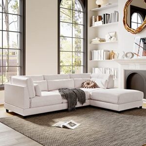 WILLIAMSPACE 110" Sectional Sofa Couch for Living Room, Modern L-Shape Sofa with Convertible Ottoman, Upholstered Modular Sofa with 4 Waist Pillows, Beige