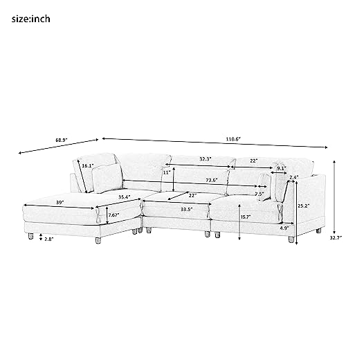 WILLIAMSPACE 110" Sectional Sofa Couch for Living Room, Modern L-Shape Sofa with Convertible Ottoman, Upholstered Modular Sofa with 4 Waist Pillows, Beige