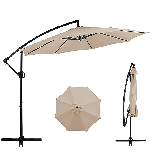 Shintenchi Patio Offset Umbrella w/Easy Tilt Adjustment,Crank and Cross Base, Outdoor Cantilever Hanging Umbrella with 8 Ribs, 95% UV protection and Waterproof Canopy, Khaki