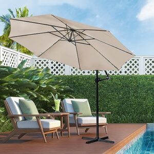 Shintenchi Patio Offset Umbrella w/Easy Tilt Adjustment,Crank and Cross Base, Outdoor Cantilever Hanging Umbrella with 8 Ribs, 95% UV protection and Waterproof Canopy, Khaki