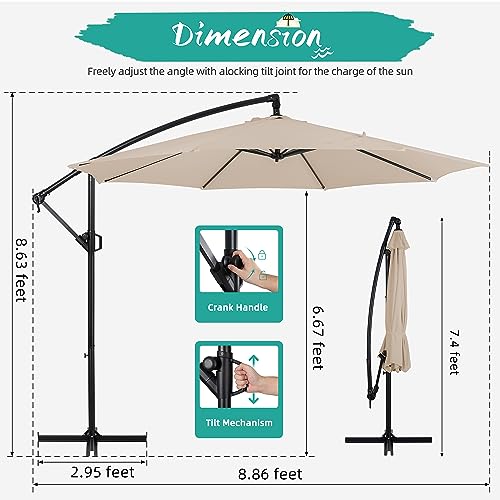 Shintenchi Patio Offset Umbrella w/Easy Tilt Adjustment,Crank and Cross Base, Outdoor Cantilever Hanging Umbrella with 8 Ribs, 95% UV protection and Waterproof Canopy, Khaki