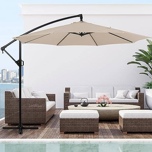 Shintenchi Patio Offset Umbrella w/Easy Tilt Adjustment,Crank and Cross Base, Outdoor Cantilever Hanging Umbrella with 8 Ribs, 95% UV protection and Waterproof Canopy, Khaki