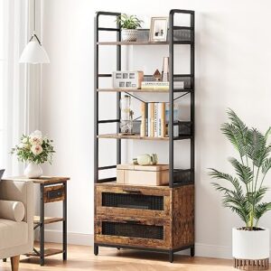 IDEALHOUSE Bookshelf with Drawers Industrial Bookcase with 4 Tiers Open Storage Shelves Rustic Bookshelves 70.87" Tall Display Racks Farmhouse Bookshelf for Bedroom, Living Room, Home Office, Brown