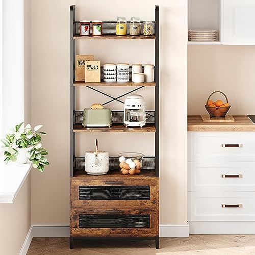 IDEALHOUSE Bookshelf with Drawers Industrial Bookcase with 4 Tiers Open Storage Shelves Rustic Bookshelves 70.87" Tall Display Racks Farmhouse Bookshelf for Bedroom, Living Room, Home Office, Brown