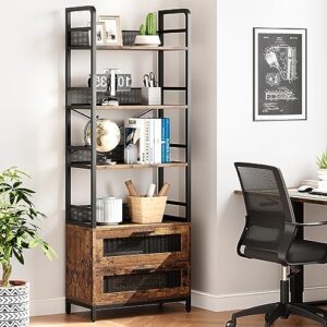 IDEALHOUSE Bookshelf with Drawers Industrial Bookcase with 4 Tiers Open Storage Shelves Rustic Bookshelves 70.87" Tall Display Racks Farmhouse Bookshelf for Bedroom, Living Room, Home Office, Brown