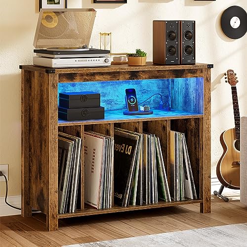 YITAHOME Large Record Player Stand with Power Outlets & LED Lights, Vinyl Record Storage Table with Display Shelf Holds Up to 200 Albums, Turntable Stand for Living Room, Bedroom, Brown