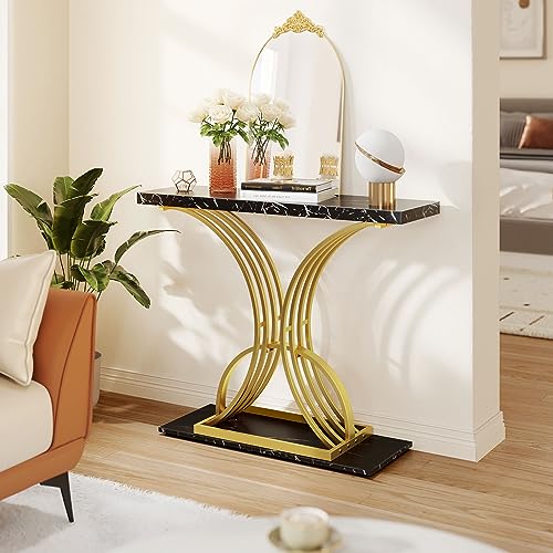 YITAHOME Gold Console Table, Modern Hallway Table for Entryway, 40 inch Entryway Tables Narrow Sofa Table for Living Room, Hallway, Entryway, Faux Marble Black