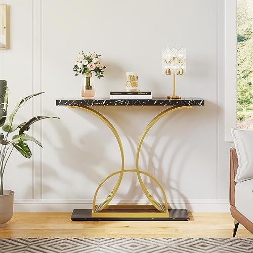 YITAHOME Gold Console Table, Modern Hallway Table for Entryway, 40 inch Entryway Tables Narrow Sofa Table for Living Room, Hallway, Entryway, Faux Marble Black