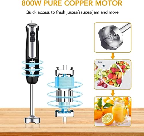 Handheld Blender, Immersion Electric Mixer, 5-in-1 Hand Blender, 800W Powerful Copper Motor, 12 Speed Turbo Mode, 20oz Beaker, 17oz Food Chopper for Smoothies, Whisk for Home Kitchen