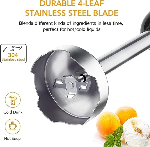 Handheld Blender, Immersion Electric Mixer, 5-in-1 Hand Blender, 800W Powerful Copper Motor, 12 Speed Turbo Mode, 20oz Beaker, 17oz Food Chopper for Smoothies, Whisk for Home Kitchen